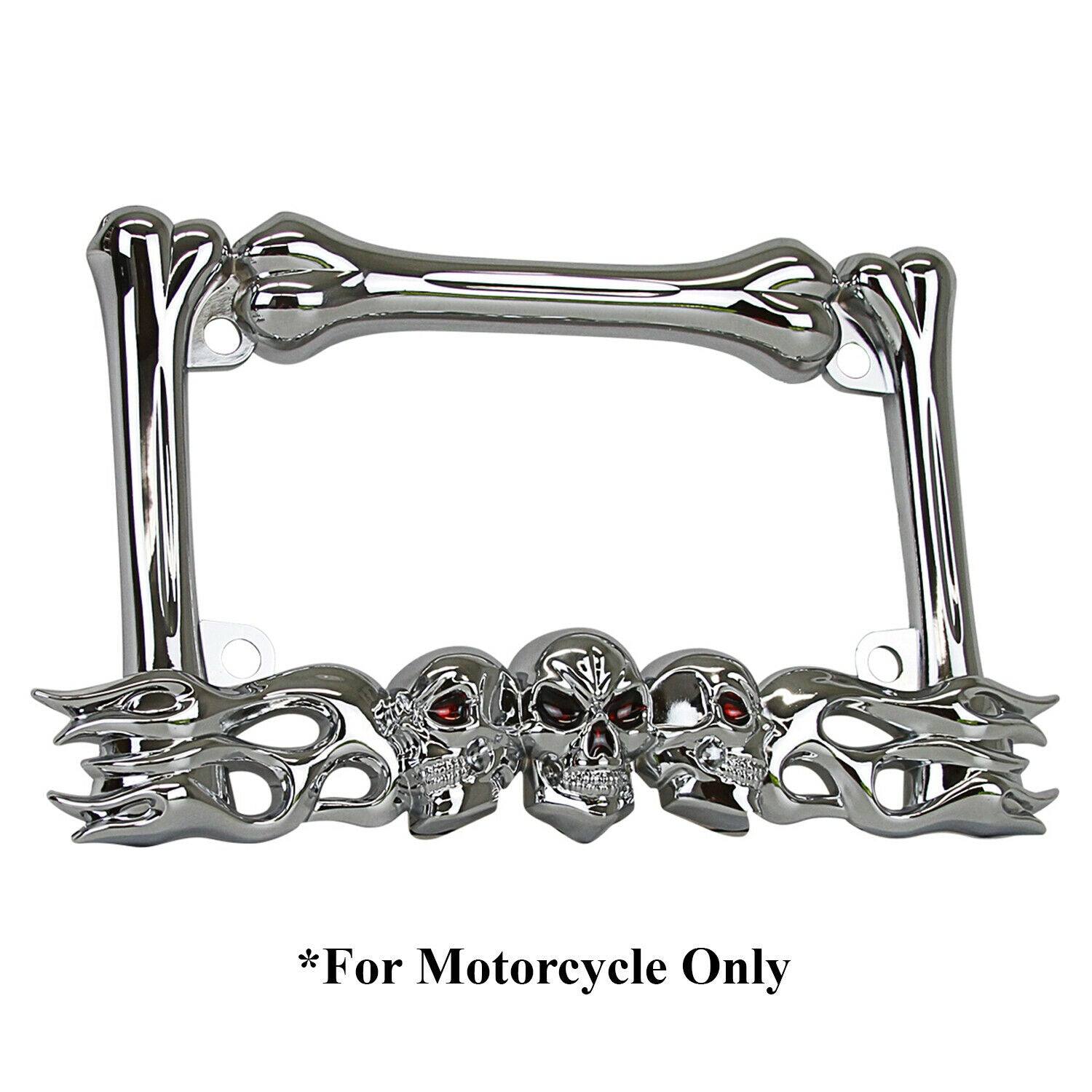 3D SKULL FLAME BONES CHROME MOTORCYCLE LICENSE PLATE FRAME FOR HARLEY ...
