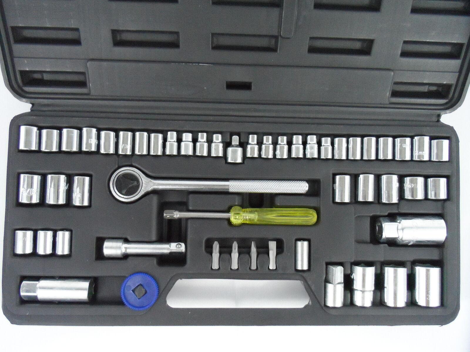 52pc Ratchet & Socket Set SAE Metric 1/4" 3/8" 1/2" Drive w/Case Mecha ...